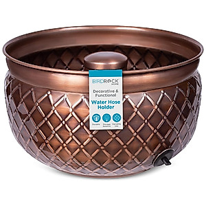 BIRDROCK HOME Water Hose Holder - Decorative Metal Pot, Indoor or Outdoor, Garden Storage Organizer, Patio Portable Bucket - Embossed Steel w/Copper Accents, Holds up to 100ft Hoses