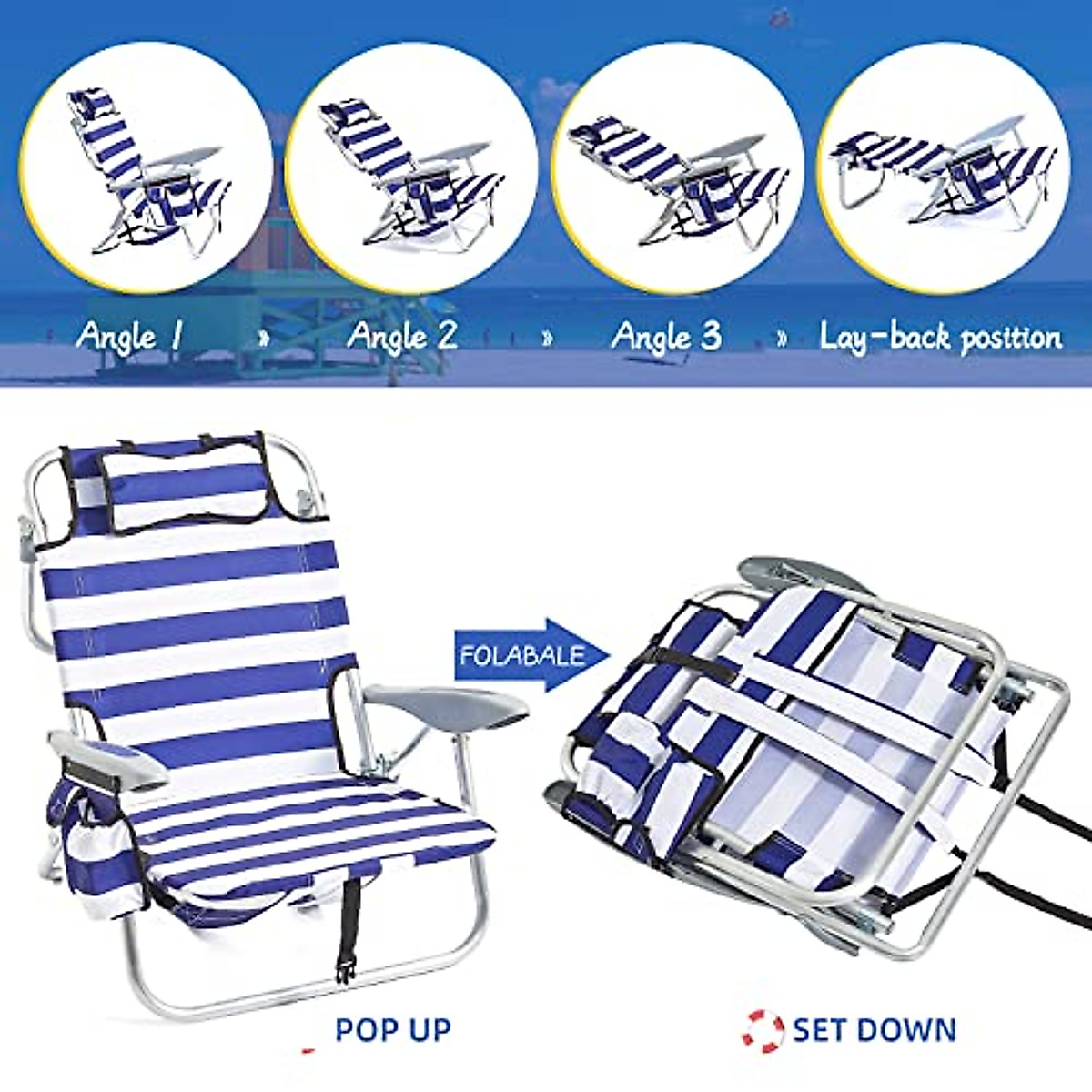 Canpsky Portable Beach Chair for Adults, 4 Position Backpack Folding Camping Chairs for Outdoor, Beach Chairs with Backpack Straps,Blue White…