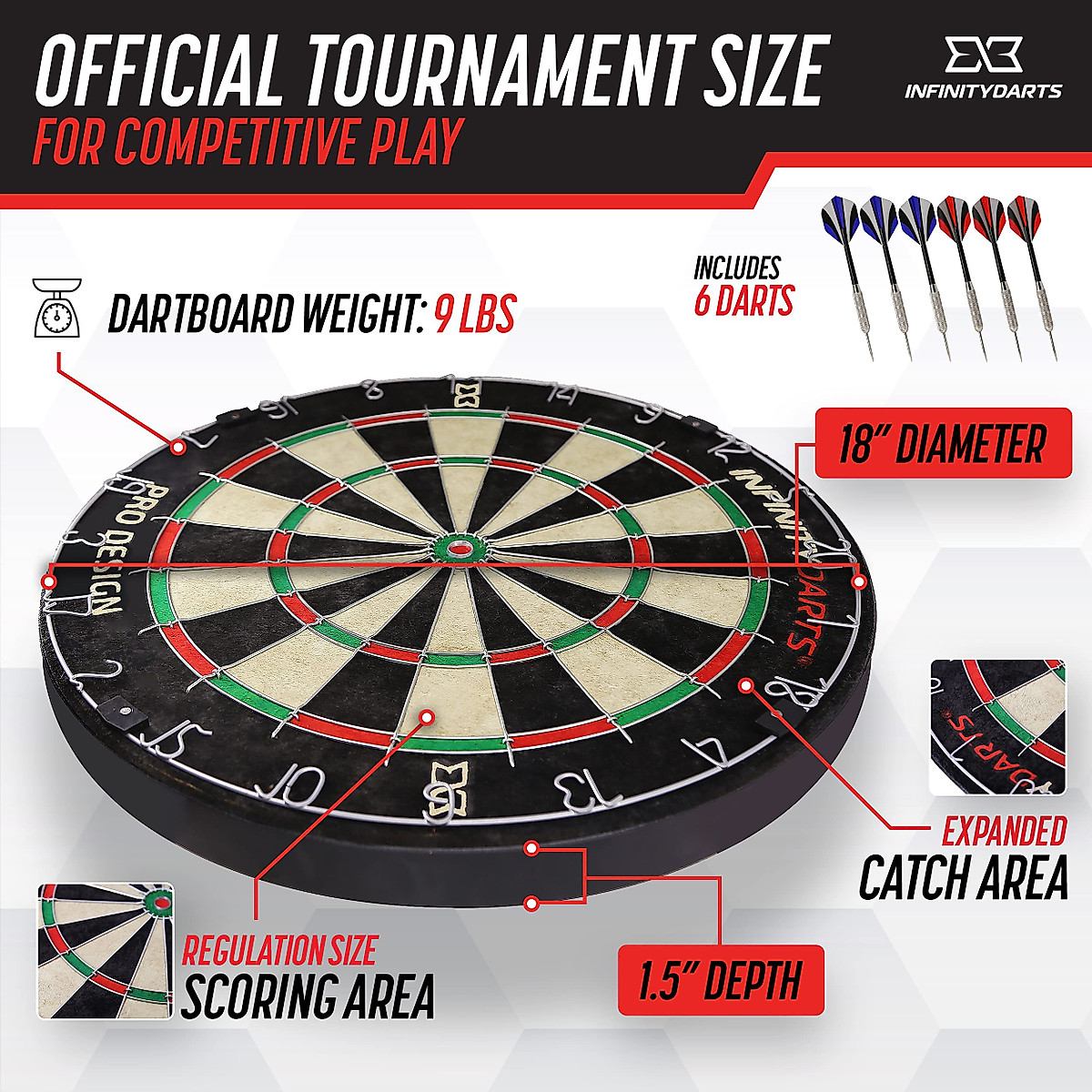 Infinity Darts Bristle Dartboard Set - Includes 6 Metal Tip Darts Set, Self-Healing Sisal Fiber Dart Board, Rotating Steel Wire Scoring Ring, Staple Free Bullseye, for Home Game Room or Bar Darts