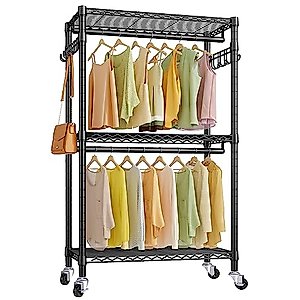 VIPEK V12 Medium Heavy Duty Rolling Garment Rack 3 Tiers Adjustable Clothes Rack with Double Rods & Hooks, Freestanding Wardrobe Closet Storage Rack Metal Clothing Rack for Hanging Clothes, Black