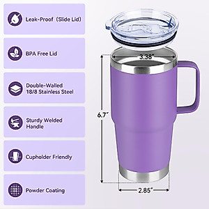 HASLE OUTFITTERS 20oz Tumbler with Lid, Stainless Steel Tumbler with Handle, Metal Insulated Travel Coffee Mug with Handle, Double Wall Vacuum Spill Proof Tumbler Cup, Purple 1 Pack