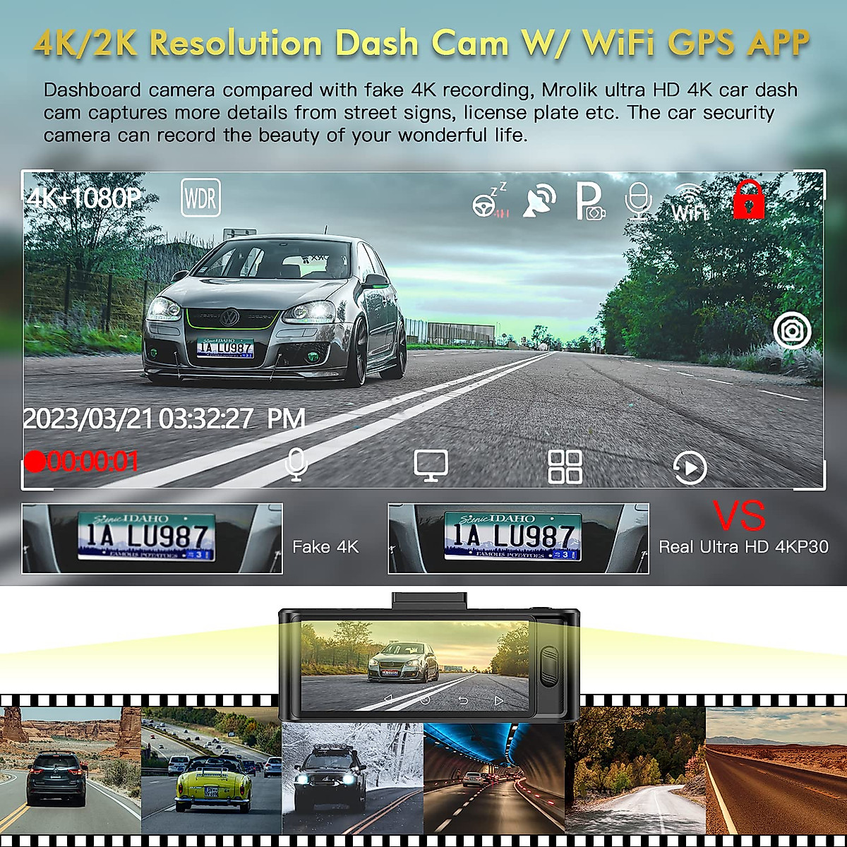 4K Dash Cam Front and Rear WiFi, Dash Cam 2160P 30fps Dash Camera for Cars W/GPS APP Car Camera W/Free 64GB Card, Dashcam W/Night Vision 24hrs Parking Mode G-Sensor Loop Recording WDR