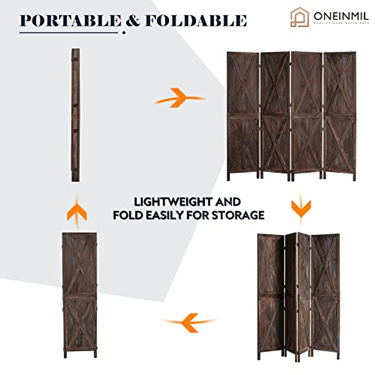 oneinmil Room Divider, 5.8 Ft Tall Folding Privacy Screens Room Divider, 4 Panel Wood Freestanding Partition Wall Dividers, Rustic Barnwood, Brown
