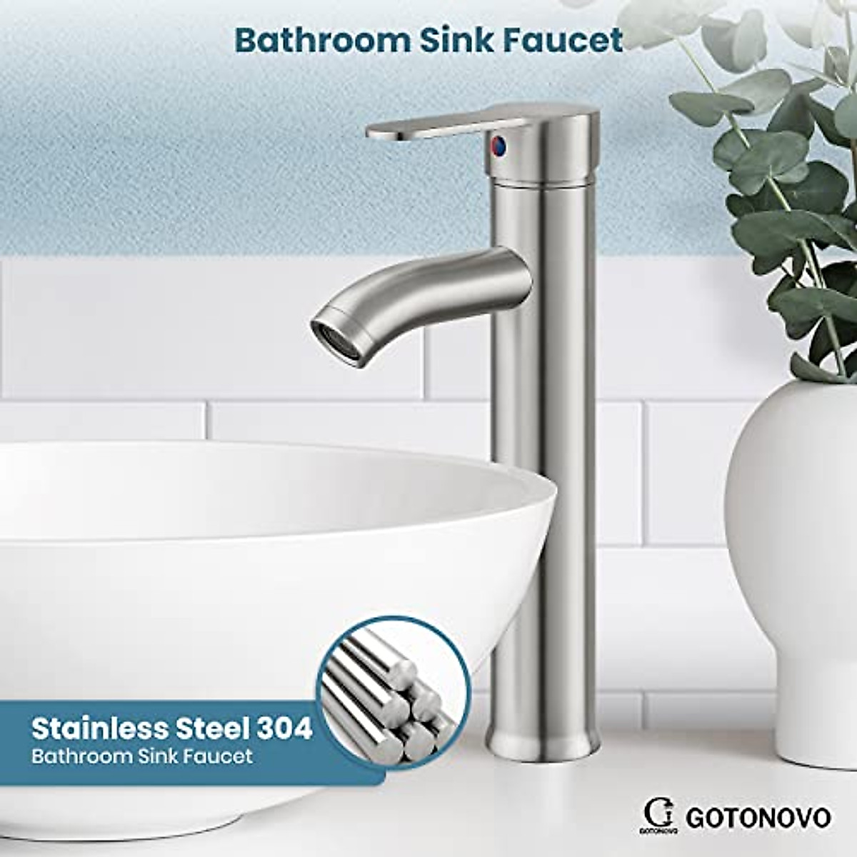 gotonovo Bathroom Sink Faucet Lavatory Vanity Mixer Bar Tap Combo Single Hole Single Handle Deck Mount with Water Supply Lines Brushed Nickel Vessel with Metal Pop Up Drain