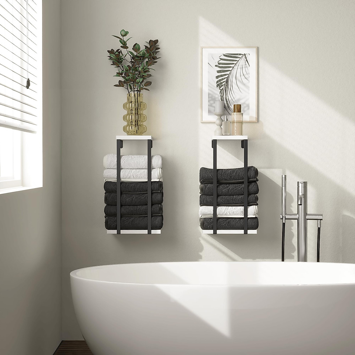 Towel Racks for Bathroom, Wall Mounted Towel Holder with Wood Shelf, Metal Bathroom Towel Rack for Towel Storage and Organization, White Bathroom Towel Holder, Rolled Towel Racks for Bathroom - White