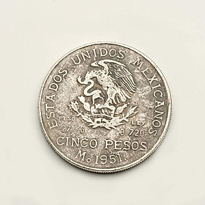 1951 Mexico 5 Peso Silver Coin Silver Dollar American Eagle Ocean Antique Ocean Silver Round Foreign Currency Antique Collection Substitutes for Exquisite Handicraft Currencies