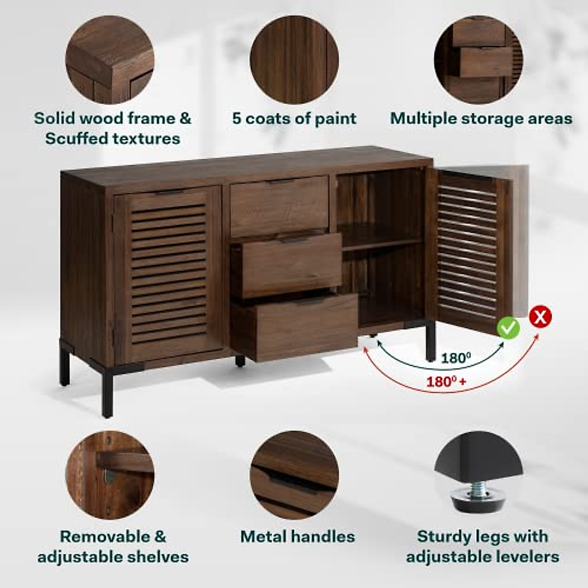 Bme Sideboard Premium Solid Wood Buffet Cabinet with Storage, Pre-Assembled 3 Drawers & 2 Doors, Rustic Chestnut, 55 inch, Chesnut