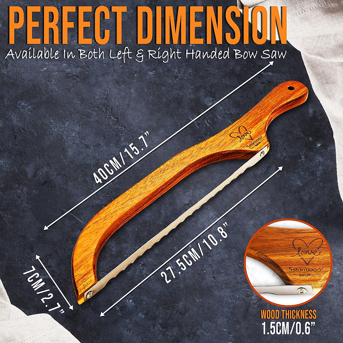 RIGHT HANDED US DESIGNED- Wooden Bread Bow Knife -Serrated Knife - Wooden Handle Bread Knife with Leather Hanging Strap - Sourdough Bread Knife for Homemade Bread with Linen Storage - Bread Knife Wood