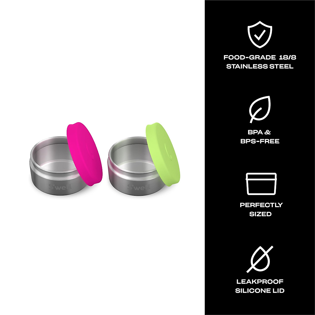 S'well Stainless Steel Condiment Container Set of Two, 2oz, Dragonfruit/Kiwi, Single Walled Durable Construction, Leakproof Silicone Lids, Dishwasher Safe