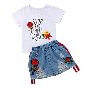 Toddler Baby Girls Smell The Rose T shirtTops + Denim Skirts Clothing Outfit Set (2-3Years, White)