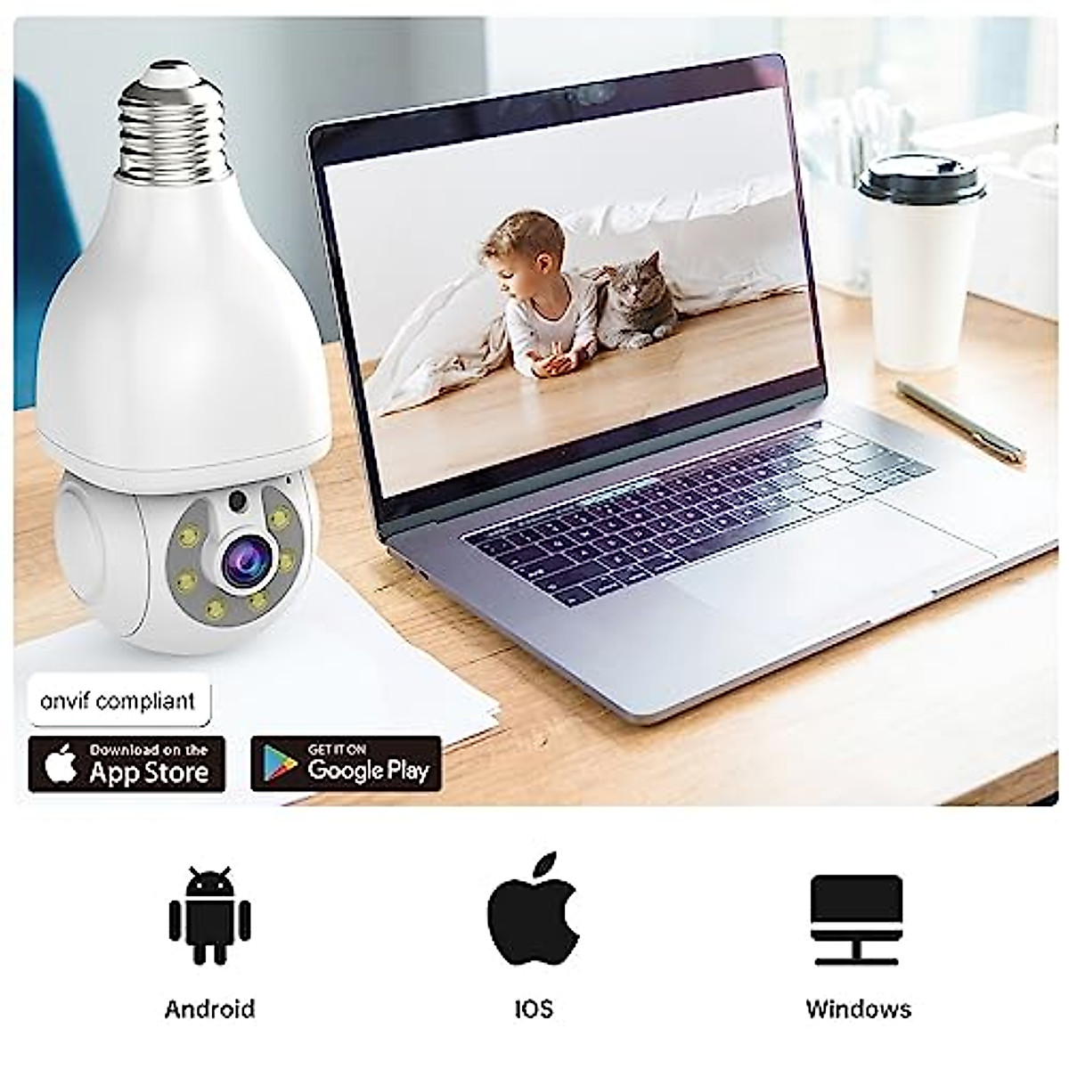 2K HD Light-Bulb Security Camera, Wireless 2.4G&5Ghz Wifi, Work With NVR & 3rd Party Software, RTSP Stream, Work With Alexa, 360° View, Auto Tracking, 2 Way Audio, Motion Detection, Remote View