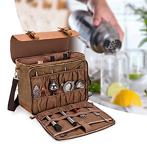 LoDrid Portable Bartender Bag for Bar Kits, Vintage Genuine Leather Waxed Canvas Travel Bar Case with Thick Inner Dividers and Adjustable Shoulder Strap for Cocktail Making, Bag Only,(Patent Design)