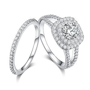 ZLAEBL 2 1/4ct Cushion Halo Engagement Wedding Ring Set Platinum-Plated Sterling Silver Engagement Rings for Women Bridal Set 2 Piece Ring Sets Moissanite Anniversary Promise Rings for Her,8