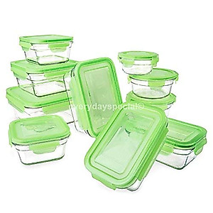 Tempered Glasslock Storage Containers 20pc set Green Lids Microwave & Oven Safe Airtight Anti Spill Proof