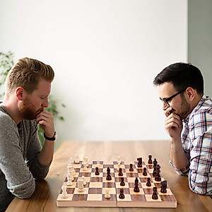 Amerous 15" x 15" Magnetic Wooden Chess Set, Folding Travel Chess Board with 2 Extra Queens / Pieces Storage Slots / Carry Bag , Handmade Large Wooden Board Game for Kids and Adults