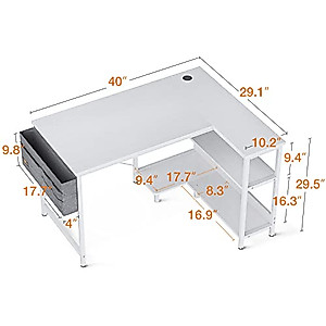ODK Small L Shaped Computer Desk, 40 Inch Corner Desk with Reversible Storage Shelves & PC Stand for Home Office Workstation, Modern Simple Writing Study Table with Storage Bag for Small Space, White