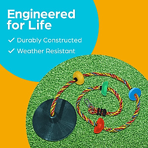 Jungle Gym Kingdom Tree Swing for Kids - Single Disc Seat and Rainbow Climbing Rope Set w/Carabiner and 4 Foot Strap - Treehouse and Outdoor Playground Accessories - Red