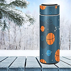 CaTaKu Small Water Bottle 12 oz, Space Planet Basketball Insulated Water Bottle for Water Coffee Tea Stainless Steel Flask Thermos Bottle Reusable Wide Mouth Vacuum Travel Mug