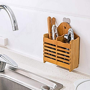 ZSQAI Bamboo Chopsticks Tube Chopsticks Cage Double Row Drain Basket Wall Mounted Chopsticks Rack