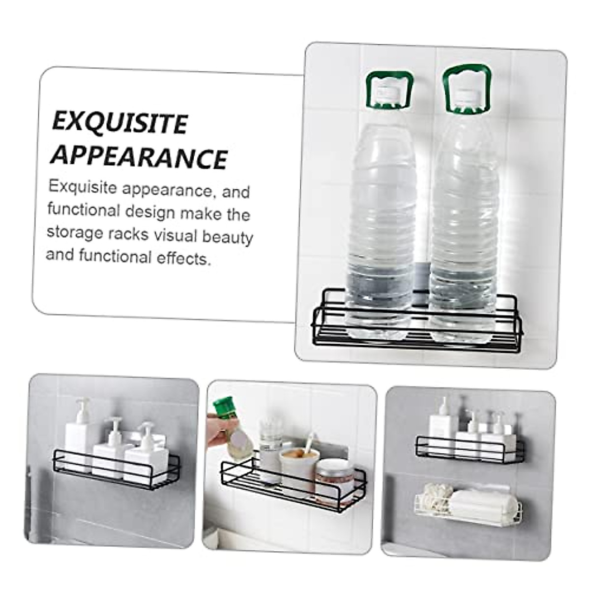 Levemolo 2pcs Organizer Shelves for Adhesive Dish Shampoo Brush Stainless Holders Caddy Racks Shower Farmhouse Scouring Iron Black Display Storage Floating Sink Metal Shelf Wall-mounted