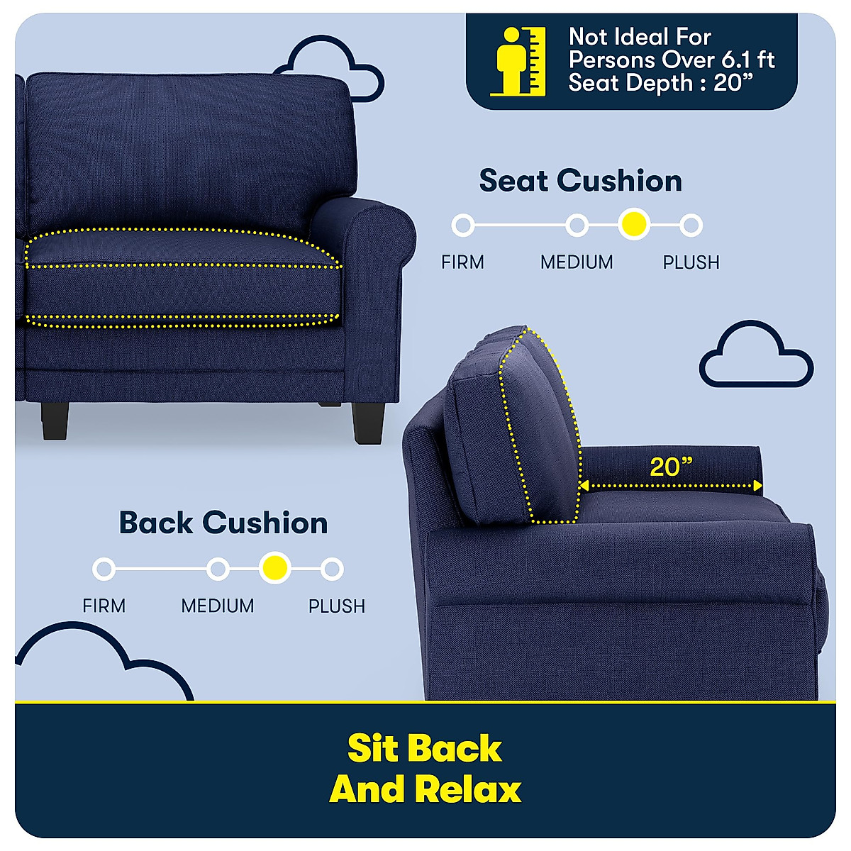 Serta Copenhagen 73" Rolled Arm Sofa, Easy Care Polyester, Soft Pillow Back, Pocket Coil Seat Cushions, Removable Covers, Loveseat or Couch for Small Spaces, Living Rooms or Bedrooms, Navy Blue