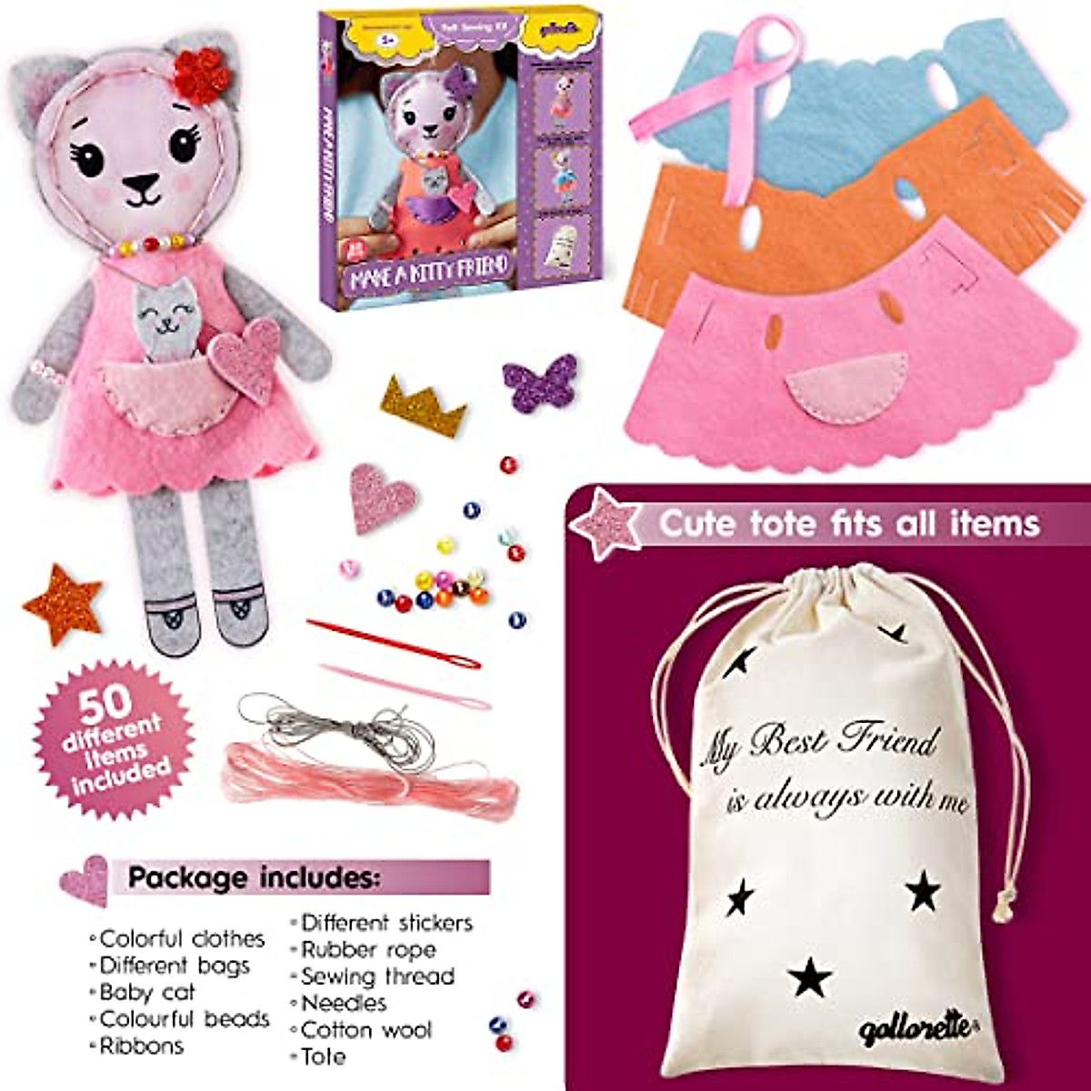 qollorette Felt Craft Kit - Make Your Own Kitty Toy and Friend - Beginner Sewing Kit for Kids, Learn to Sew & Play