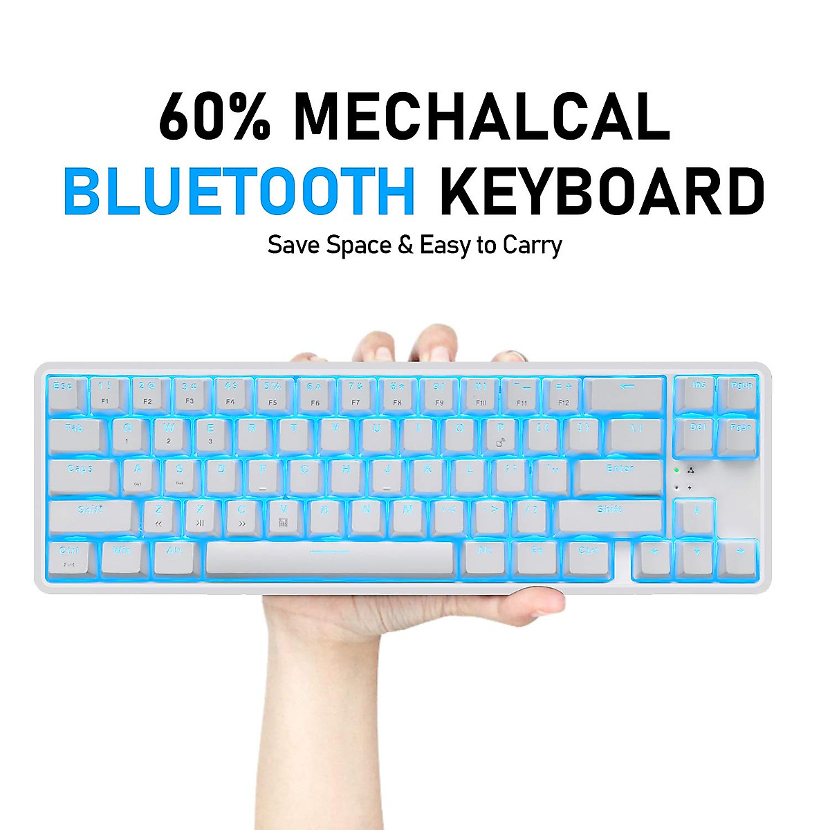 Wireless 60% Mechanical Gaming Keyboard,Ultra-Compact Blue Backlit keyboard Bluetooth 4.0 Tepy C Wired/Wireless Blue Switches Computer Keyboard for Multi-Device iPhone Android Mobile PC Laptop(White)