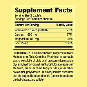 Calcium, Magnesium, Zinc & Vitamin D3. Includes Luall Fridge Magnetic + Spring Valley Calcium, Magnesium & Zinc Plus Vitamin D3 Caplets Dietary Supplement, 250 Count