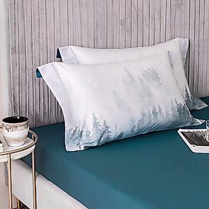 MILDLY 100% Long Staple Cotton Mountain Duvet Cover Set, Blue Green Gradient Trees Pattern Printed Comforter Cover Set