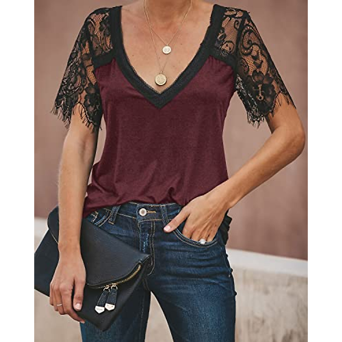 VNK Womens Lace Short Sleeve Shirts V Neck Casual Summer Tops Loose Fit Fashion Blouses Ladies Sexy Tshirts 2023 Wine Red Large
