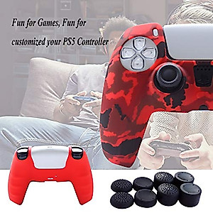 PS5 Controller Grips-Hikfly Silicone Cover for PS5 DualSense Controller Skin,Non-Slip Cover for Playstation 5 Controller- 1 x Skin with 8 x Thumb Grip Caps(Red)