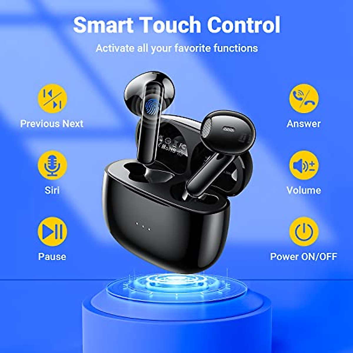 kauguo Wireless Earbuds, Bluetooth 5.3 Headphones,4-Mic Call Noise Reduction 36H Playtime IPX6 Sports Waterproof Earphones, HiFi Stereo, Touch Control with Type-C Charging for iOS Android Black