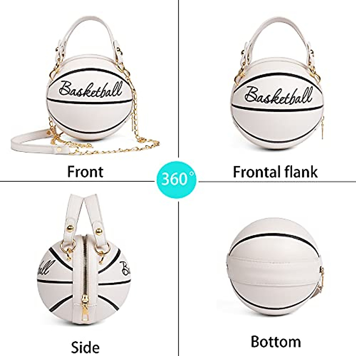 OHIW Women's basketball shoulder bag Messenger Bag handbag mini round bag PU bag, Zipper closure, suitable for women (white)