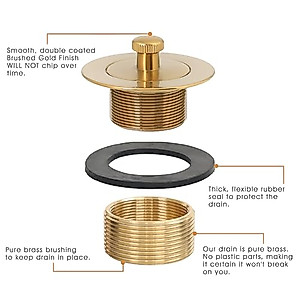 100% Brass Lift and Turn Bathtub Drain Set w/Overflow Plate - Drain Conversion Kit - Fits All Bathtub Sizes - Universal Fine/Coarse Thread - Designed & Tested in America (Brushed Gold)