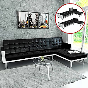SKM L-Shaped Sofa Bed Artificial Leather Black and White-43321026