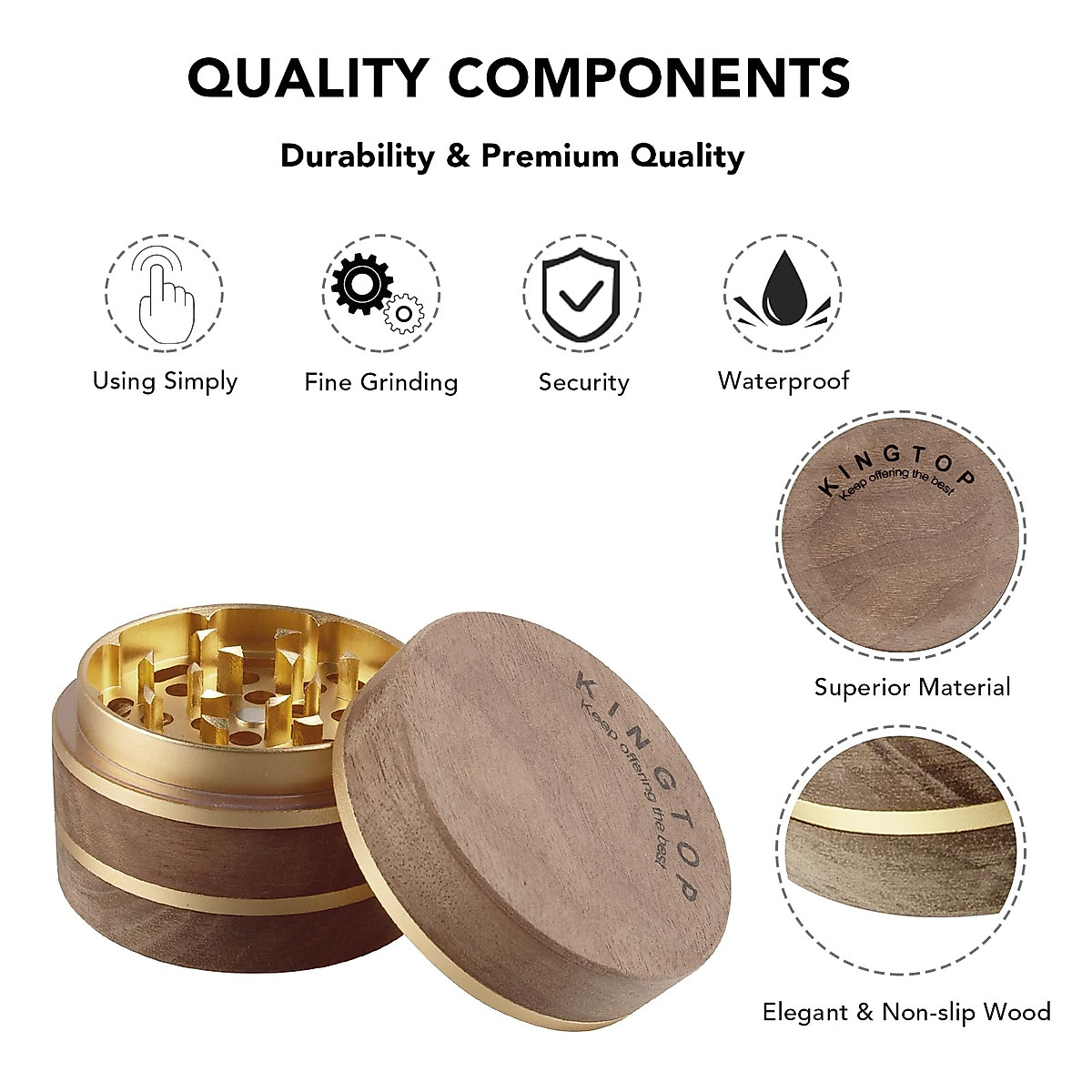 KINGTOP Grinder, 2.5" Walnut & Aluminum Grinder