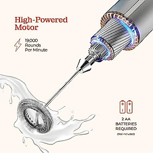Powerful Handheld Milk Frother, Mini Milk Foamer, Battery Operated (Not included) Stainless Steel Drink Mixer & Frother Stand for Coffee, Lattes, Cappuccino, Frappe, Matcha, Hot Chocolate. (Dark Sky)