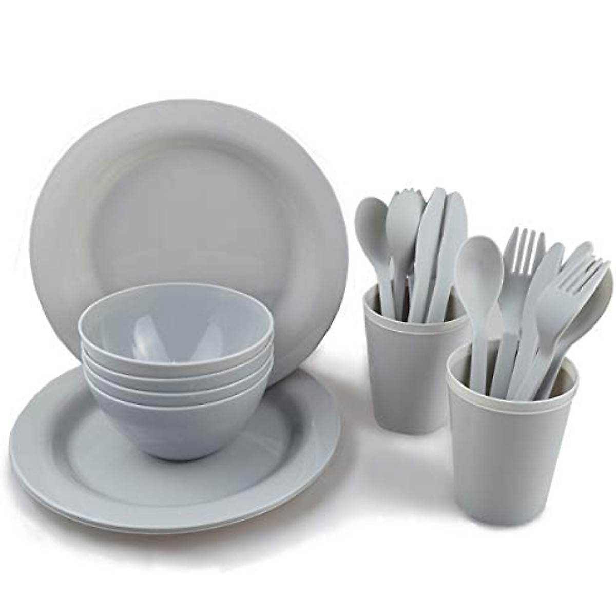 Plastic Plates College Dorm Room Essentials Dishes Set Camping Plates and Bowls Dishes Set Dinnerware Accessories Mess Kit-Microwaveoven Safe BPA-Free with Mesh Bag-24PCS