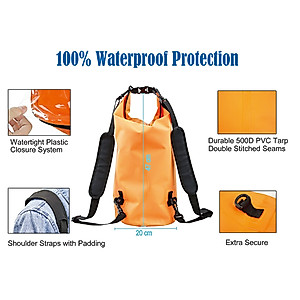 Foto&Tech Orange 10LT Waterproof Dry Bag Roll Top Dry Compression Sack Floating Dry Gear Bag Storm Sack+Backpack Style Padded Shoulder Straps for Kayaking/Boating/Beach/Rafting/Hiking/Camping/Fishing
