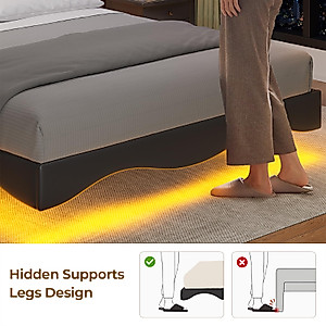 ADORNEVE Floating Bed Frame Queen Size with Storage Headboard & Led Lights, Leather Upholstered Platform Bed with Charging Station,RGB Floating Platform Bed, No Box Spring Needed, Noise-Free, PU Black