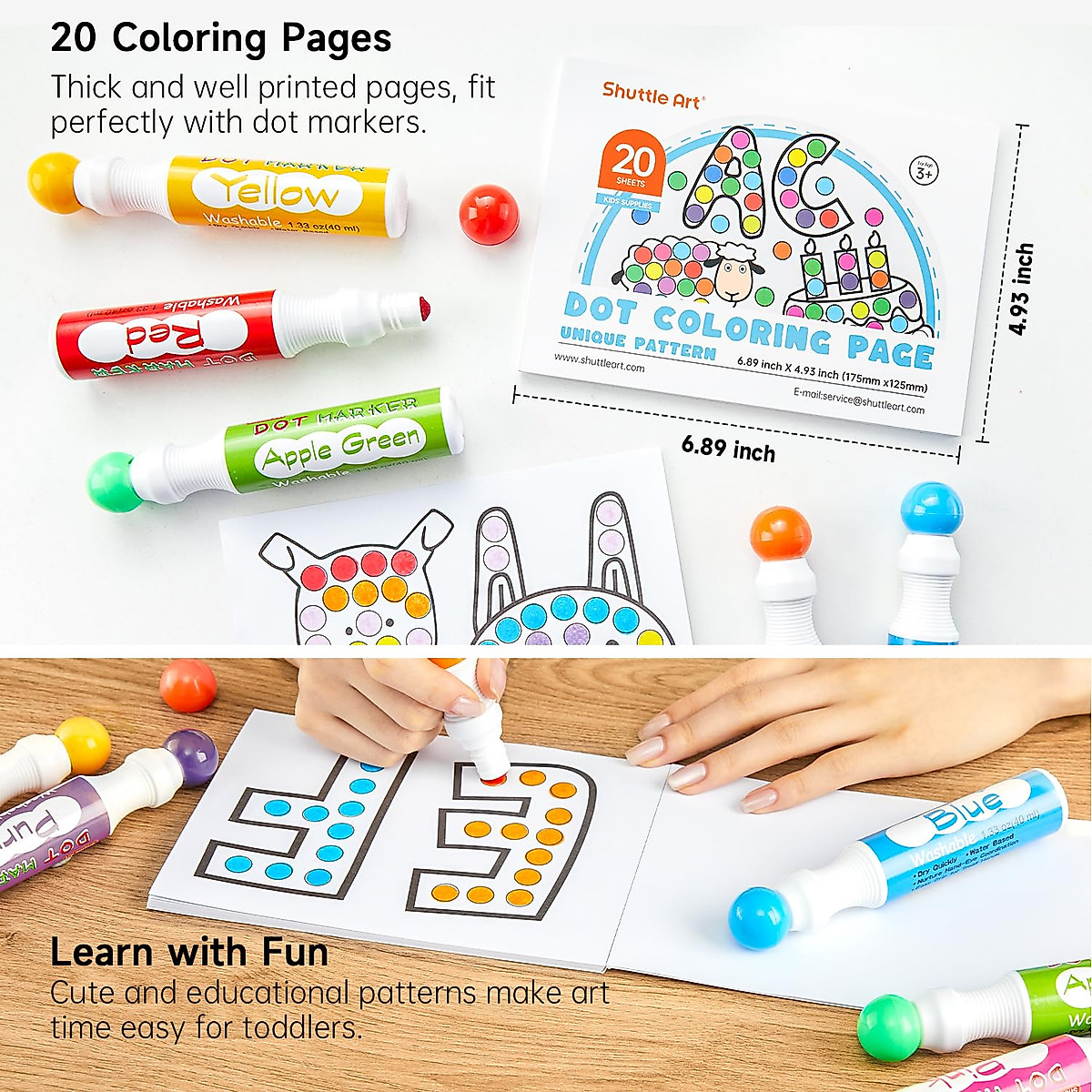 Shuttle Art Dot Makers, 12 Colors Bingo Daubers with 20 Unique Patterns of Dot Book for Toddler Art Activities, Non-Toxic Washable Coloring Markers for Preschool Kids Learning
