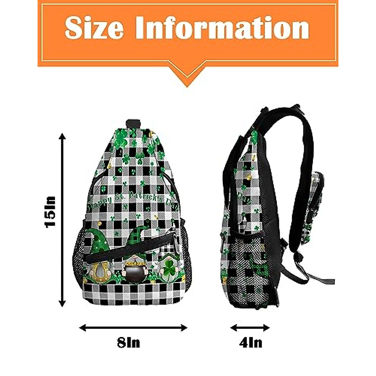 Sling Backpack, St.Patrick's Day Shamrocks Gnome Black and White Buffalo Plaid Waterproof Lightweight Small Sling Bag, Travel Chest Bag Crossbody Shoulder Bag Hiking Daypack for Women Men