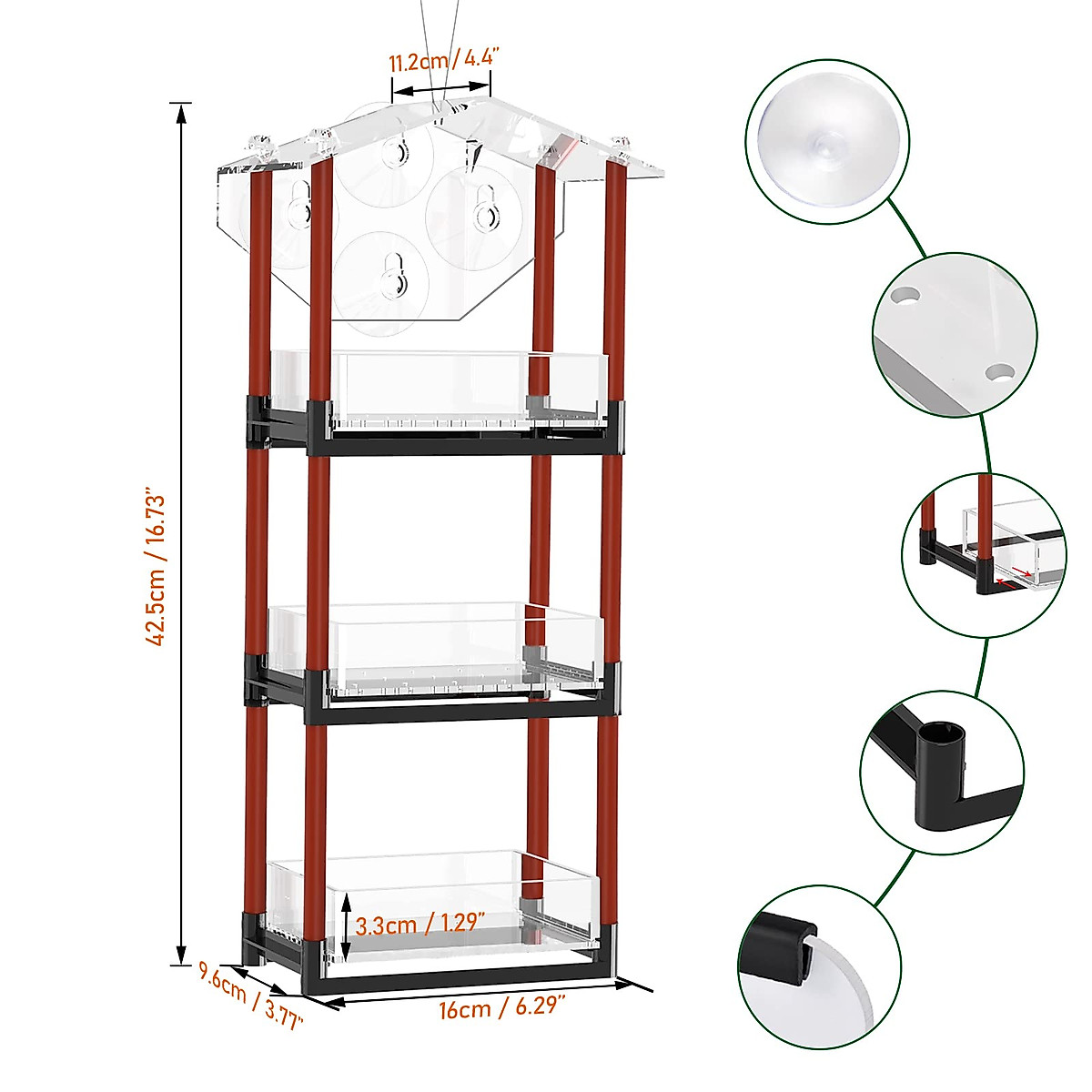 Window Bird Feeder with Strong Suction Cups, Large Weatherproof Birdfeeder with 3 Tiers Seed Tray and Drinking Sink, Outdoor Hanging Birdhouse for Wild Birds, Finch, Cardinal, and Bluebird