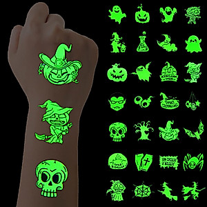 Halloween Temporary Tattoos for Kids, Waterproof Fake Tattoos Stickers, Glow in Dark Tattoos, 140 PCS Halloween Pumpkin Ghost Devil Skull Vampire, Luminous Tattoo Sticker for Halloween Party Supplies