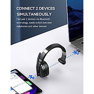 TECKNET Trucker Bluetooth Headset, Over-Ear 70h AI Noise Canceling Wireless Headphones with Microphone, Comfort ENC Bluetooth Headset with Dongle & Mute for PC Phone Laptop Office Home Skype Zoom
