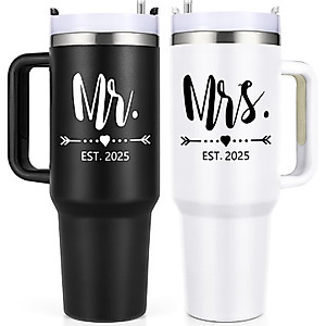 Qtencas Mr and Mrs Gifts, Mr and Mrs EST 2025 Stainless Steel Travel Tumblers Set, Engagement Wedding Gifts, 40 oz 2025 Travel Mug for Couples Newlyweds, Bridal Shower Anniversary Cups（Black & White）