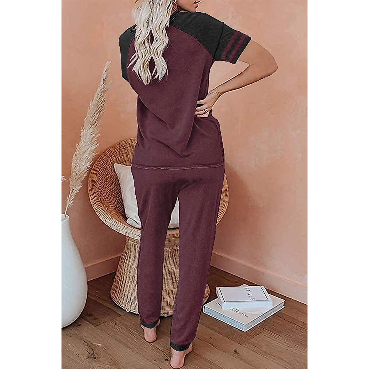 PRETTYGARDEN Women's Two Piece Outfits Jogger Sets Striped Short Sleeve Pullover and Long Pants Tracksuit Pajama Lounge Set(Wine Red,X-Large)