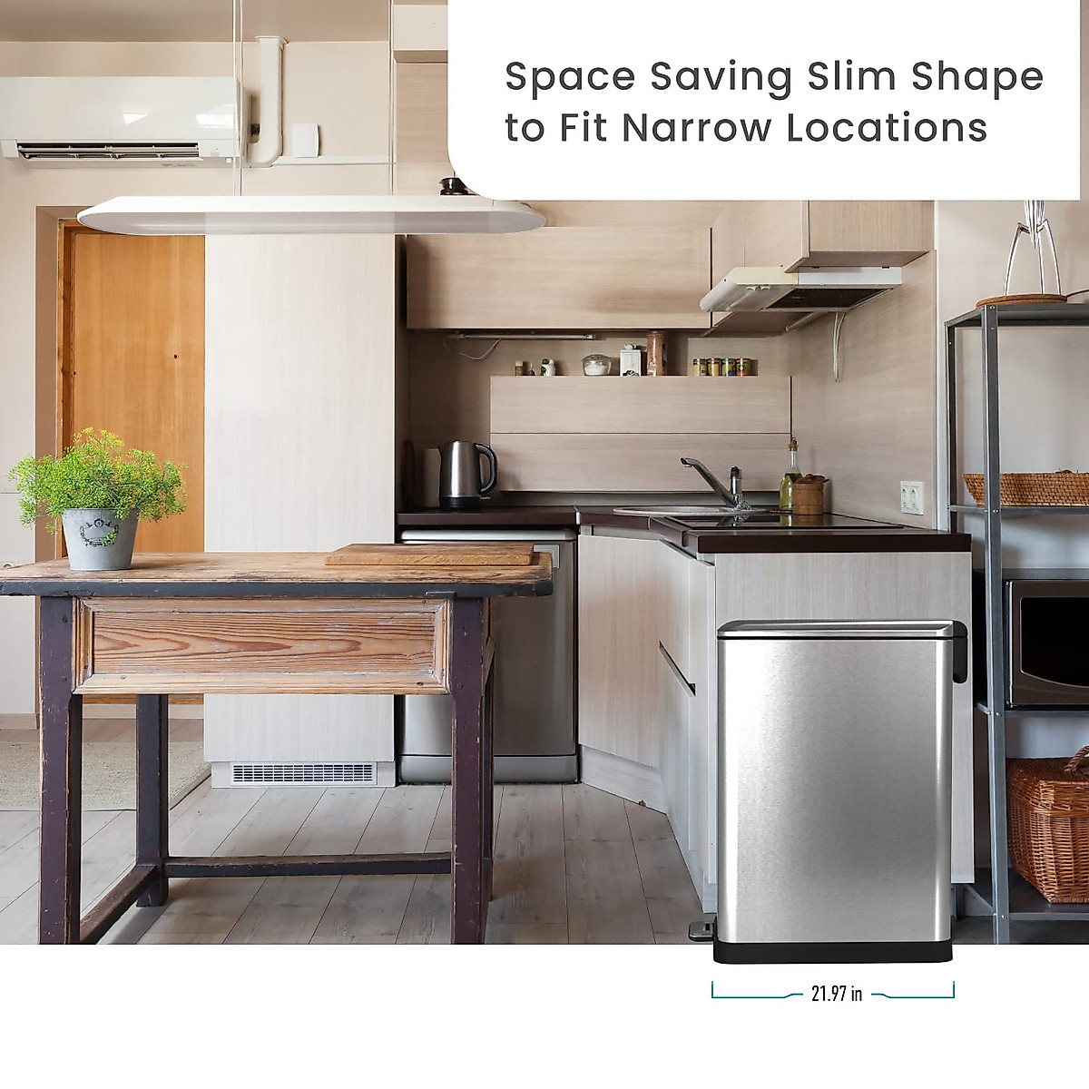 Home Zone Living 13 Gallon Kitchen Trash Can, Dual Removable Liners for Recycling and Trash, Slim Stainless Steel Shape (8 + 5 for 13 Gallon Total)