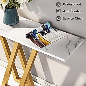 Tribesigns Gold Console Table, Modern Hallway Table for Entryway, 43 Inch Entryway Tables Narrow Sofa Table for Living Room, Stable Metal Frame & Easy Assemble, Faux Marble White