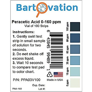 Peracetic Acid Test Strips, 0-160 ppm [Vial of 100 Strips]